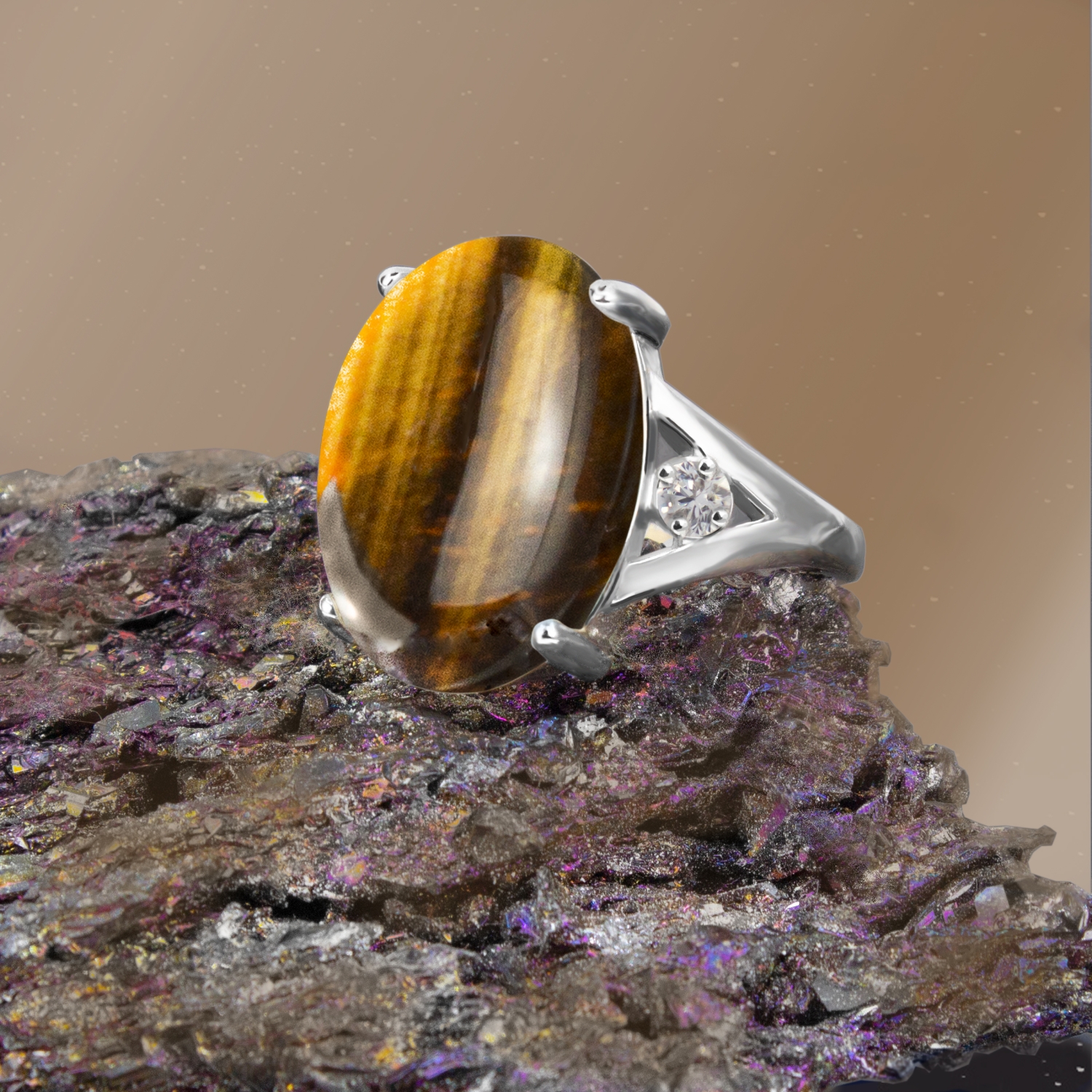 Ring 5807-OT with real Tiger's eye - Rhodium-plated silver jewellery ...